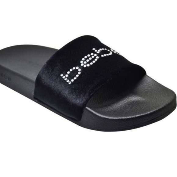 bebe | Shoes | Bebe Girls Felizia Black Velvet Logo Slides Sandals Sz ...